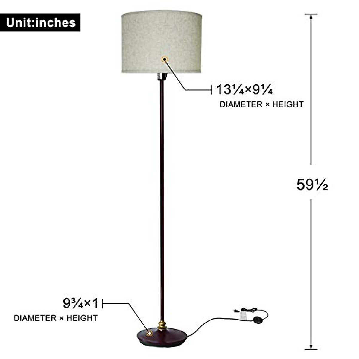 Kopolom Floor Lamp for Living Room, Modern Standing Lamp with Hanging Drum Shade, Thickened Tall Pole Lamp for Office with Button and Floor Switch (Bronze Button Switch)