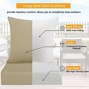 famibay Deep Seat Cushions for Outdoor Furniture, Extra Thick Patio Chair Cushions Set of 2 Outdoor Cushions for Chairs Waterproof UV Resistant Firm Chair Cushions for Outdoor Furniture(22x22 Khaki)