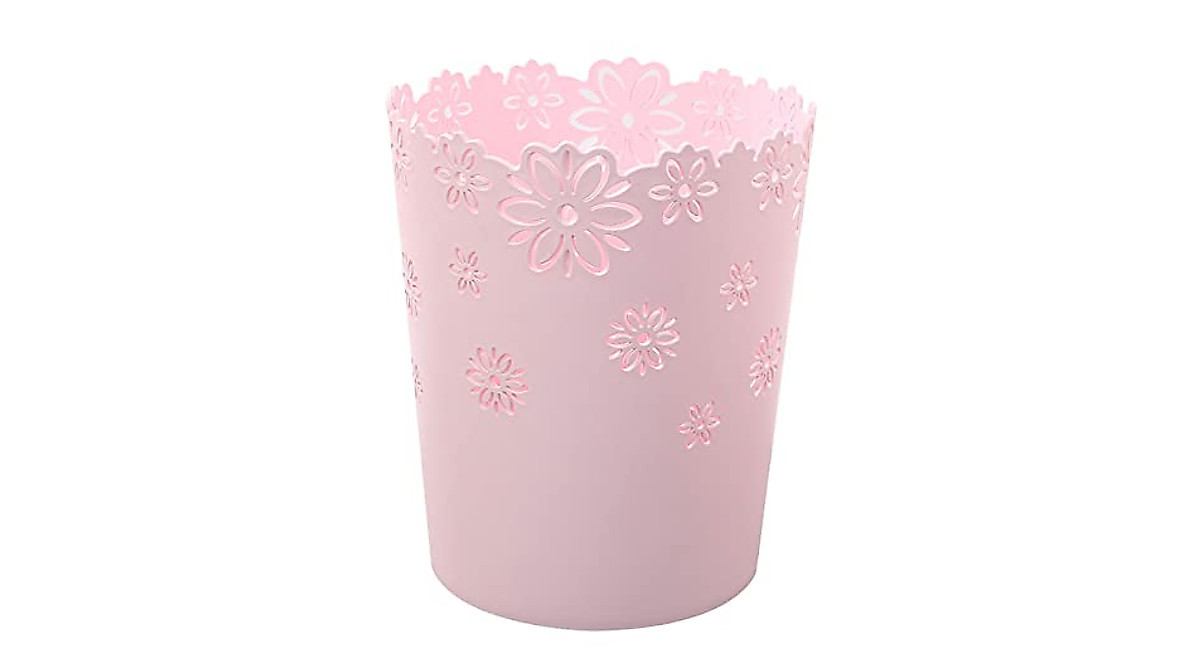 Stylish Pink Wastebasket with Hollow Flower Design - Compact & Durable