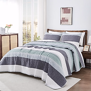 Andency Stripe Quilt Set Twin(68x86Inch), 2 Pieces (1 Striped Quilt and 1 Pillowcase) Mint Green Patchwork Striped Bedspread Coverlet Set, Soft Microfiber Stitched Quilt Bedding Set