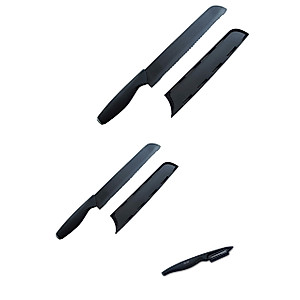 Cestari Serrated Ceramic Knife Set of 2 Knives and Peeler: includes 6 inch Tomato Knife, 8 inch Bread Knife, and Straight Edge Ceramic Vegetable Peeler