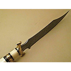 Custom Hand Made Forged Damascus Steel Hunting Bowie Knife Fixed Blade Leather Handle Camel Bone With Leather Sheath Full Tang 967