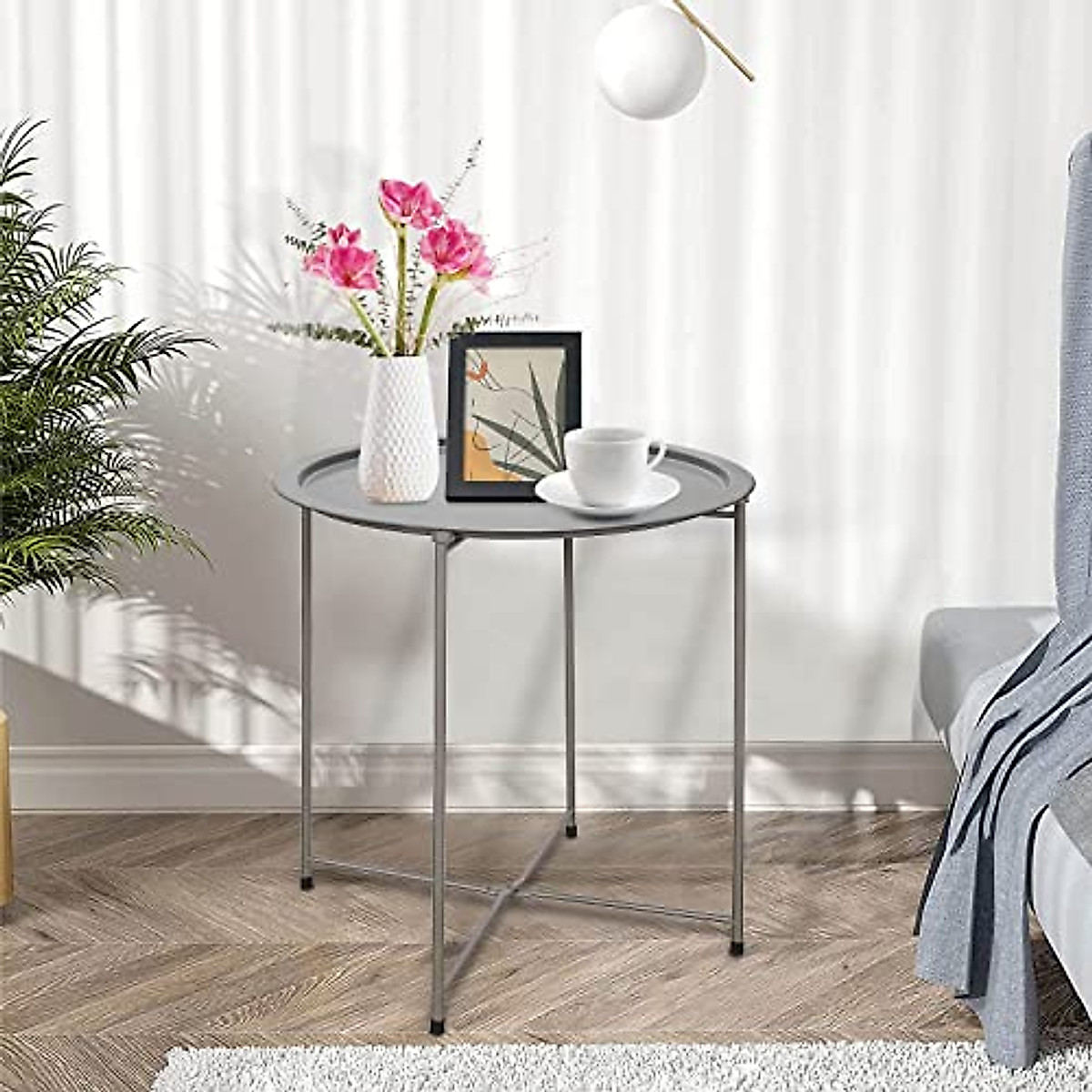 Garden 4 you Folding Tray Metal Side Table Grey Round End Table Cyan Sofa Small Accent Fold-able Table, Round End Table Tray, Next to Sofa Table, Snack Table for Living Room and Bed Room