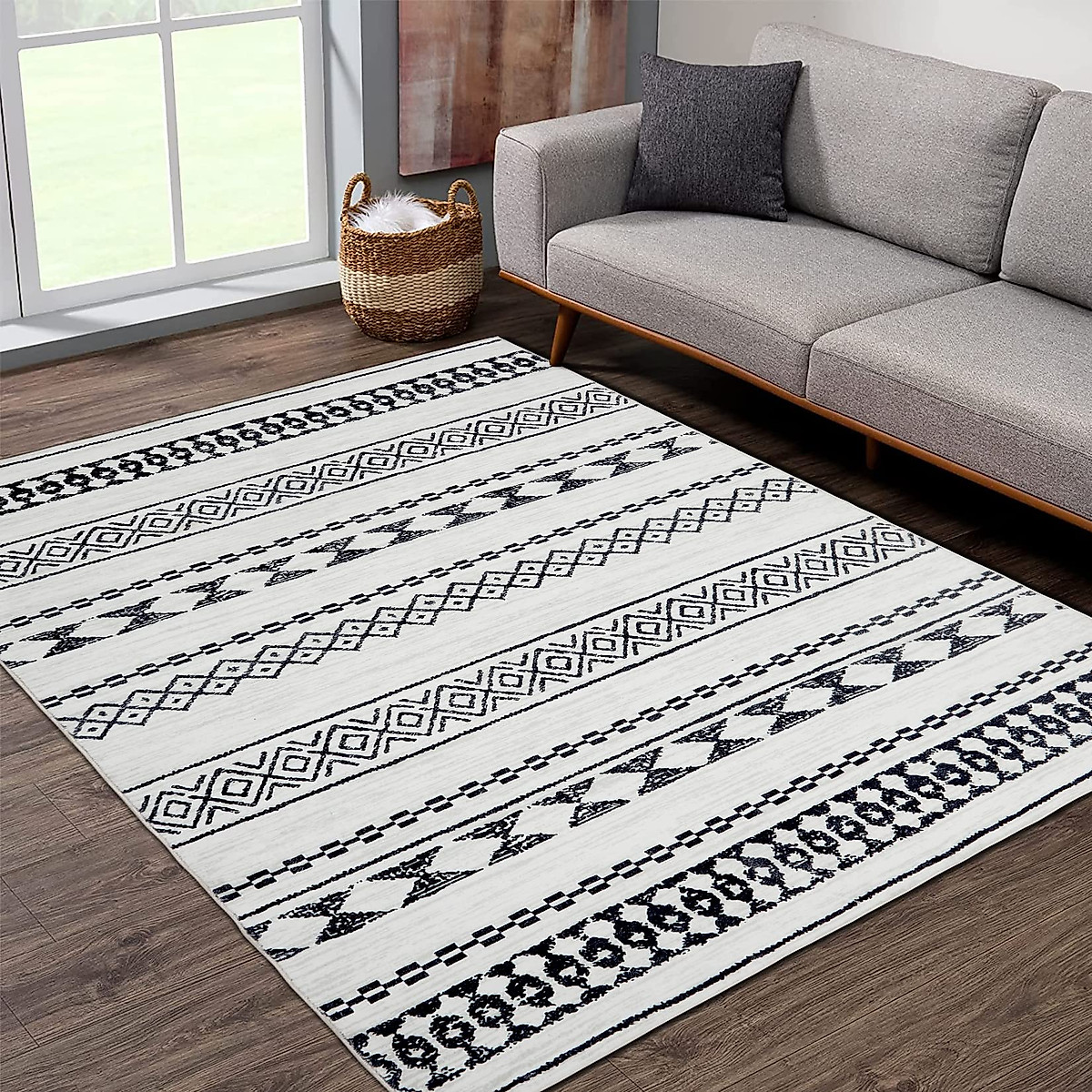 ROYHOME 8x10 Washable Rug for Living Room Bohemian Farmhouse Area Rug Stain Resistant Area Rug Modern Geometric Area Rug for Bedroom Dining Room Home Office, 8' x 10' Black/White