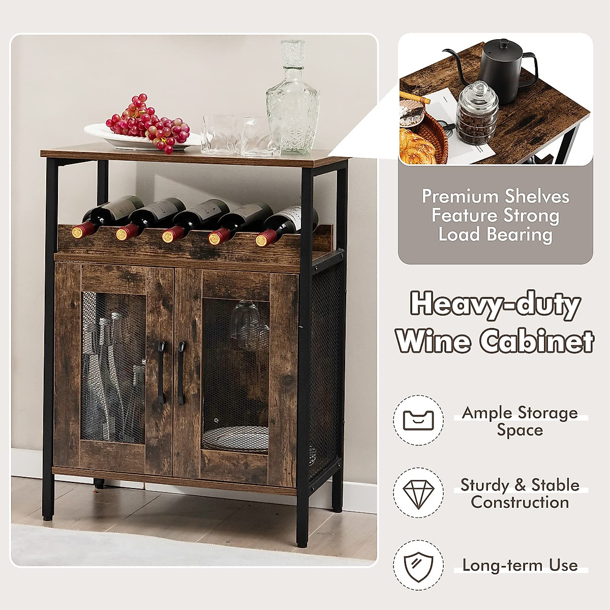 PETSITE Wine Bar Cabinet, Home Liquor Cabinet with Removable Wine Rack and Glass Holder, Coffee Bar Cabinet with Storage, Industrial Sideboard Buffet Cabinet with Mesh Doors for Kitchen