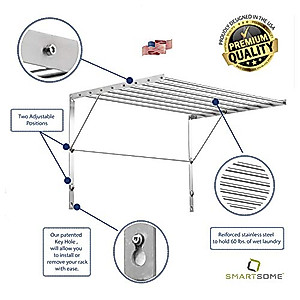 Smartsome | Wall Mounted | Clothes Drying Rack | 30" Wide | 20 Linear Feet Capacity | 8 Smooth Round Stainless Steel Rods | 60 lb Capacity | Fully Assembled | Compact Sturdy Space-Saving Design