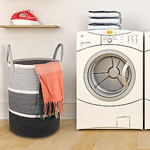 KINGSUSLAY Cotton Rope Laundry Hamper,70L Laundry Basket,Tall Woven Rope Basket for Blanket storage,Nursey Hamper for Toys,Pillows, Christmas Gifts,Clothes in Bedroom, Living Room(Grey White)