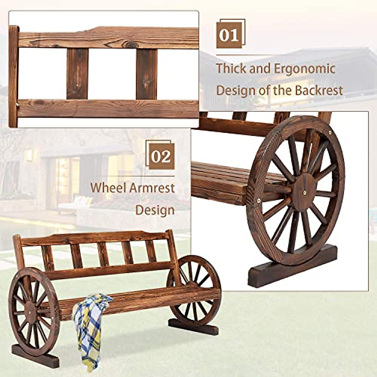 Kinsunny 3-Person Wooden Wagon Wheel Bench Rustic Wood Seat Bench Outside Rustic Benches for Patio Garden Outdoor