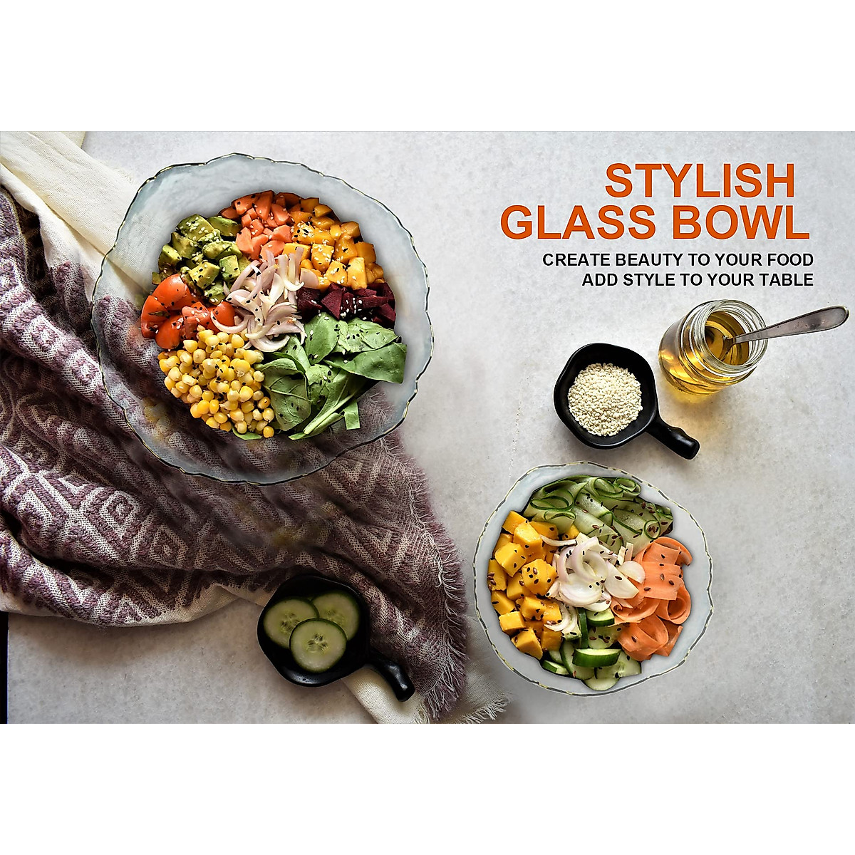 YOXSUNY Glass Bowl Serving Bowl Set with Golden Rim in Organic Shape. Salad Bowl Set of 3 Sizes (400ml) (600ml) (1100ml) For Salad Snacks Popcorn Candies Etc.