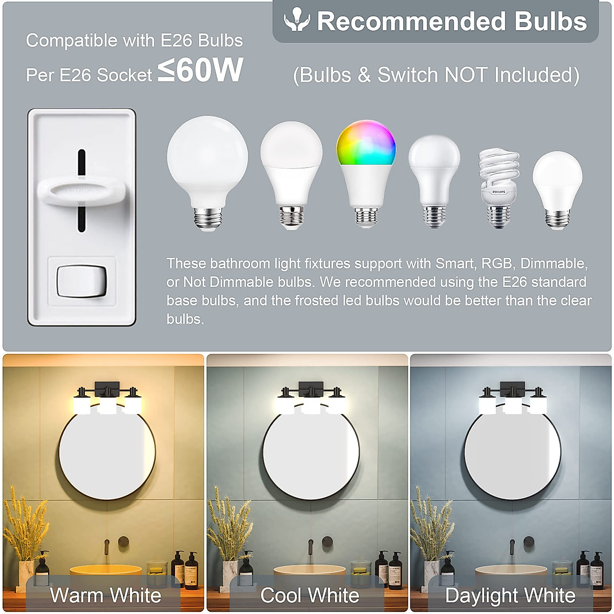 Sailstar Bathroom Light Fixtures 3 Light, Anti-Rust Matte Black Bathroom Lights Over Mirror, Modern Vanity Lights with Frosted Glass Shade, Vanity Lighting Fixtures