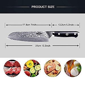 Kitchen Emperor Santoku Knife, Damascus Kitchen Knife, Professional Chef Knife with Comfortable G10 Handle Full Tang