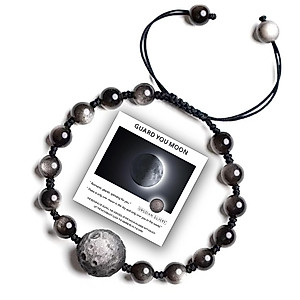 8MM Silver Obsidian Moon Bracelet - Solar System Planet Bracelet - Adjustable Beaded Bracelets For Teen Girls - Charm Bracelets Matching Bracelet Friendship Couple Bracelets