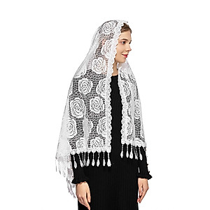 Wgior Rose Rectangular Chapel Veil Scarf Catholic Church Veils Mantilla Wrap Shawl Mass Head Covering (White)