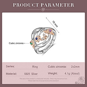 LanM Mothers Day Gifts Mothers Rings with 3 Birthstones Rose Ring Personalized Sterling Silver Custom Mom Ring with Name Gift for Wife Grandmother Family