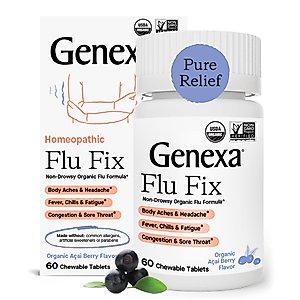 Genexa Flu Fix | Multi-Symptom Flu Remedy for Kids & Adults | Delicious Organic Acai Berry Flavor | Certified Organic & Non-GMO | Homeopathic Remedy Made Clean | 60 Chewable Tablets