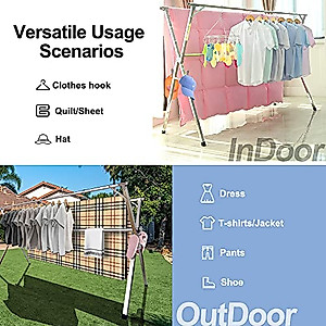 MRCTVG Upgrade 79 Inches Clothes Drying Rack, Premium Stainless Steel Adjustable and Foldable Laundry Drying Rack for Indoor Outdoor, with 20 Windproof Hooks