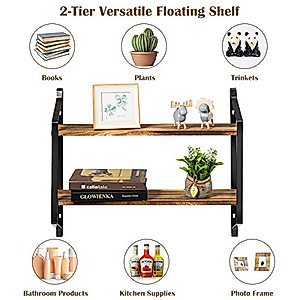 Giantex Wall-Mounted Wood Shelf, 2-Tier Floating Shelves, Rustic Storage Shelves for Pantry Kitchen Living Room, Bedroom, Bathroom, Industrial 2 Tiers Wall Hanging Shelves (Black & Natural)