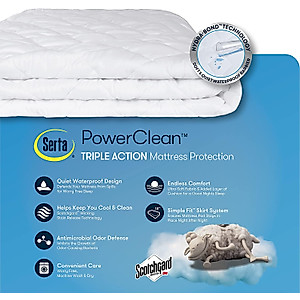 SERTA Power Clean Triple Action Quilted Soft Waterproof Mattress Pad Protector, Moisture Wicking Protection with 15" Deep Pocket, King, White
