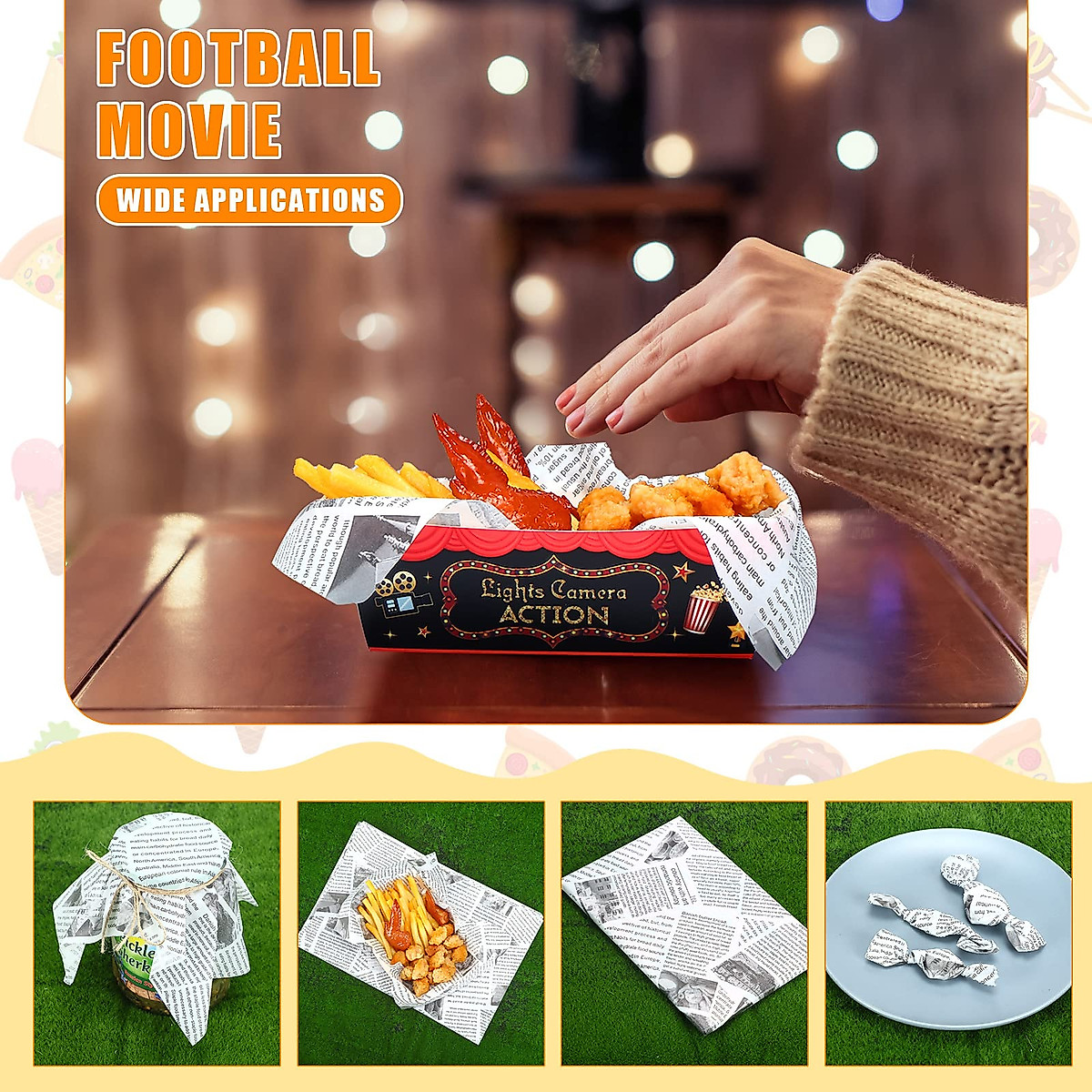 100 Pcs Movie Night Party Supplies Carnival 2 lb 50 Movie Paper Food Tray Party Bowl with 50 Waxed Deli Paper for Movie Decorations Movie Serving Tray Snack Popcorn Holder Assembled(Movie Style)