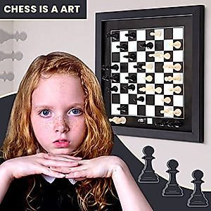 Bundaloo Hanging Magnetic Chess Set - Wall or Ceiling Mount Wooden Magnetic Board with Black & White Game Pieces - Chessboard Playing Art & Decor for Home and Office - Black Wood Frame, Strong Magnets