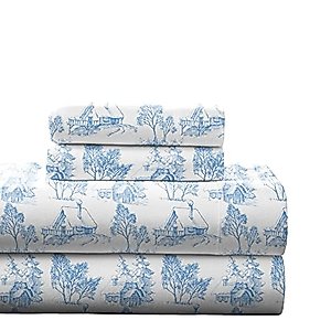 Pointehaven 180 GSM 100% Cotton Flannel Sheet Set - Full, Scenic Toile Blue - Warm & Cozy - Pre-Shrunk -Deep Pockets - Elastic All Around-Comfy Double Brushed