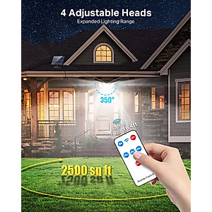 CLAONER Solar Outdoor Lights Motion Sensor 3500LM 288 LED Solar Security Lights with Remote Control IP67 Waterproof 4 Heads Solar Flood Lights with 16.4ft Cable 4 Modes Solar Wall Lights(4 Pack)