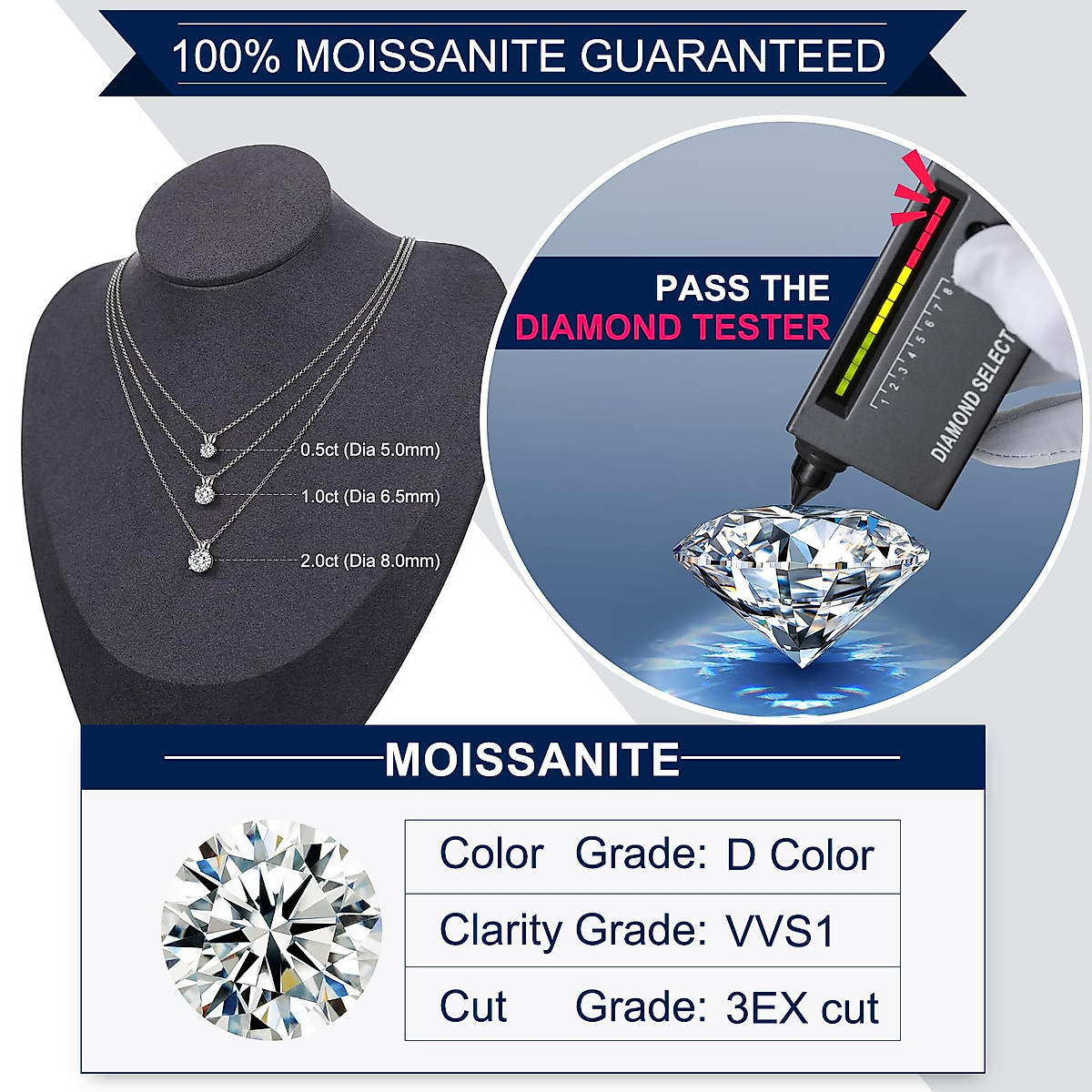 Moissanite Necklace for Women, Brass, Moissanite