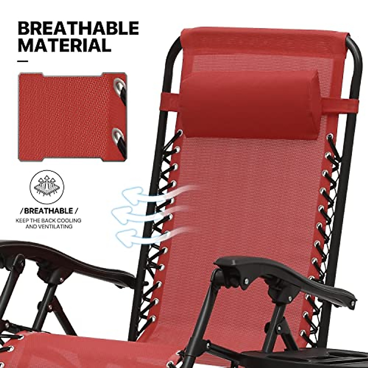 MoNiBloom Folding Beach Lounge Chair 2-Pack, Chaise Lounge with Pillow & Cup Holder, Portable Outside Patio Recliner for Poolside Beach Vacation, Maroon