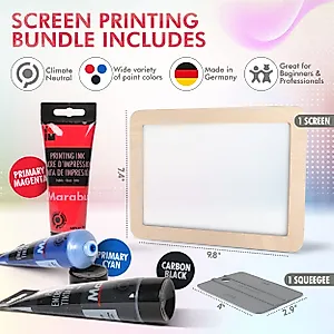 Marabu Screen Printing Kit Set - Screen Print Kit with Reusable Wooden Frame, 1 Screen Printing Squeegee, and 3 x 100ml Ink - Silk Screen Printing Kit for Beginners
