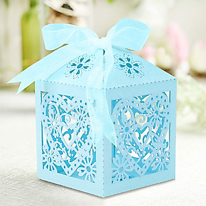 Lucky Monet 25/50/100PCS Love Heart Laser Cut Wedding Candy Gift Box Chocolate Box for Wedding Favor Birthday Party Bridal Shower with Ribbon (100pcs, Blue #01)
