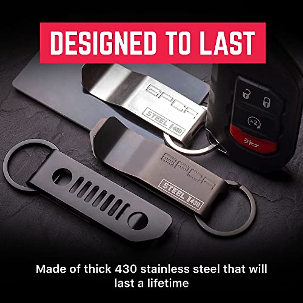 GPCA - GP Money Clip, Belt Key Holder, Heavy-Duty Keychain Clip for Outdoor and Daily Use, Handy 7 Slot Wrangler Grill Pattern, Stainless Steel, Gift for Jeep Enthusiast Dad - Jet Black