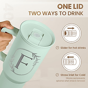 Personalized Monogrammed Tumbler with Handle 40oz, Letter F Tumblers Insulated Coffee Travel Cup, Custom Initial Gift for Women Girls Friends, Monogram Gift for Christmas Birthday Mothers Day