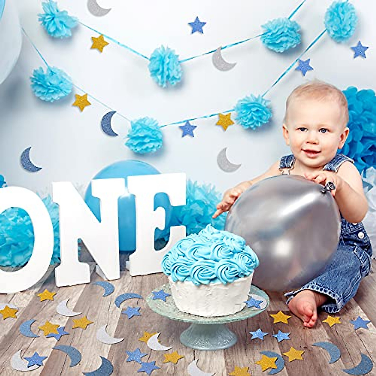 400 Pieces Glitter Star and Moon Paper Confetti Double Side Table Paper Confetti Sequin for Wedding Birthday Baby Shower Moon and Star Party Ramadan Mubarak Decor (Dark Blue, Light Blue, Gold, Silver)