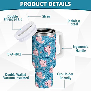 Slewiaeky Tumbler with Handle 40 oz Cute Axolotls Ocean Travel Mug with Lid and Straw Stainless Steel Vacuum Insulated Water Bottle Cup for Iced Tea Coffee Cold Beverages Cup Holder Friendly