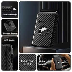 Trifold Wallet for Men with AirTag Holder, Smart Mens Wallet, Pop-Up Card Holder, Cash Slot, Carbon Fiber Case, RFID Blocking, Minimalist Slim Leather Groove Wallet, ID Window, with Gift Box
