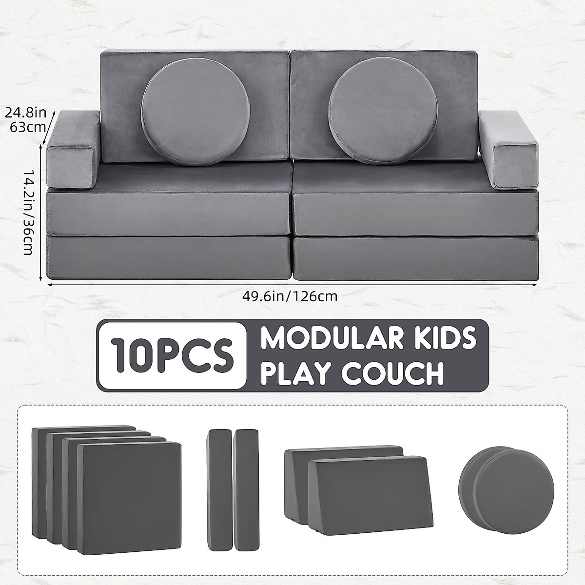 OFCASA 10PCS Modular Kids Play Couch, Toddler Baby Playroom | Bedroom Furniture for Playing, Children's Combo Sofa, Convertible Kids Sofa Couch with Soft Foam Sofa Cushions | Kids Fort Couch (Grey)