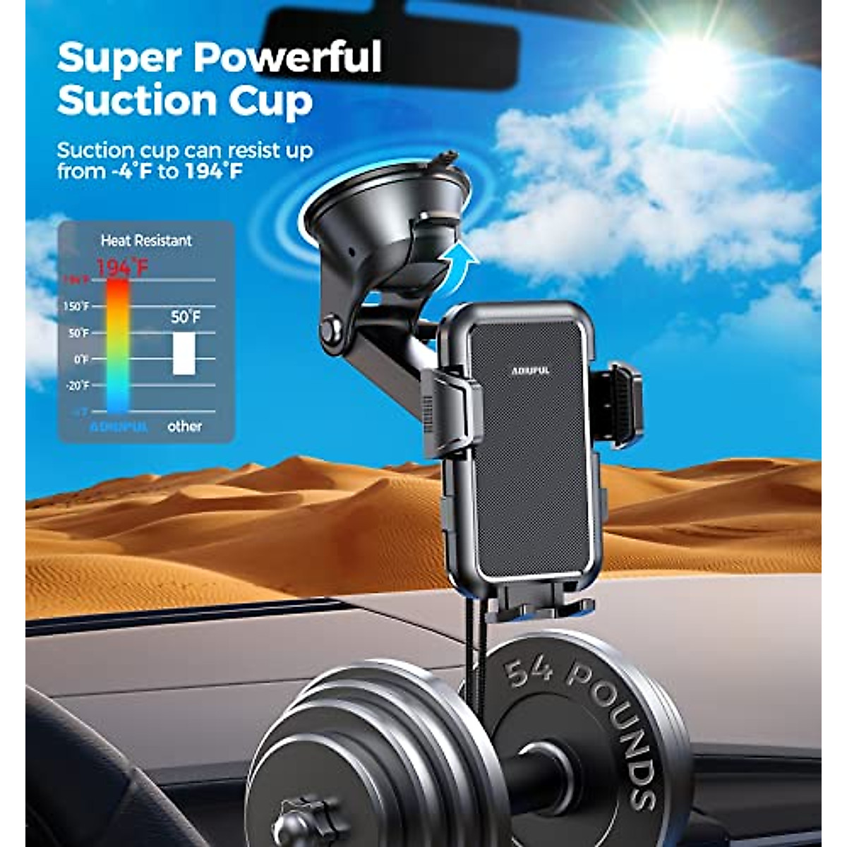 ADIUPUL Car Phone Holder Mount, Phone Mounts for Car (Bumpy Roads Friendly) 3 in 1 Universal Car Mount, Easy Clamp Hands Free Universal Fit for Dashboard Windshield Vent iPhone Samsung and More Phones