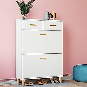 Wildhome Shoe Cabinet,20 Pair Freestanding Shoe Rack Storage Organizer with 2 Flip Door,2-Tier Shoe Storage Cabinet for Heels, Boots, Slippers (White)