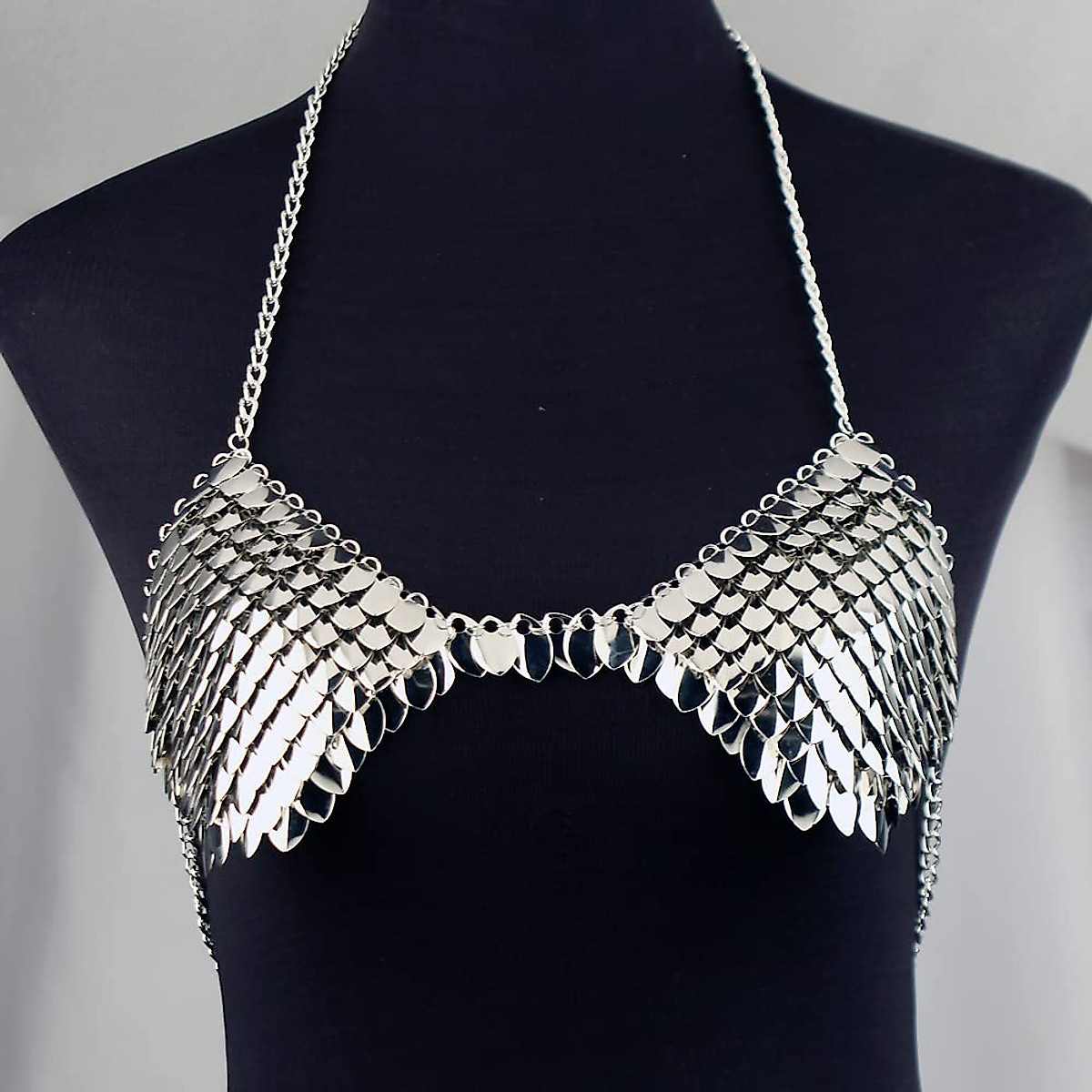 Gold Scale Body Chain Jewelry for Women Sexy Bikini Carnival Bra Harness Music Festival (Silver Color)