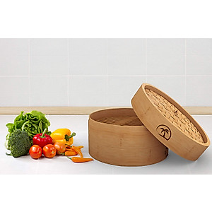 DEALZNDEALZ 3-Piece Bamboo Steamer Basket with Lid 10-inch 2-Tier, 50 Perforated Bamboo Steamer Liners with 2-Pairs of Bamboo Chopsticks