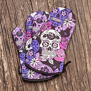 Oven Mitts Co. Sugar Skull Purple, Oven Mitts and Pot Holder 3pcs Set, Insulated, 100% Cotton
