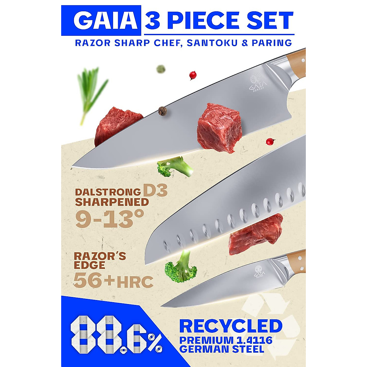 Dalstrong 3pc Knife Set - Gaia Series - Chef Knife, Santoku Knife, Paring Knife - High-Density Wood Fiber Handle - Gift Sustainable and Eco-friendly Kitchen - w/Sheaths