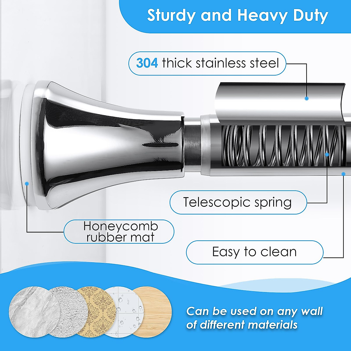 ZIPGLO Shower Curtain Rod 36-63 Inch Stainless Steel Shower Rod Never Rust Shower Curtain Tension Rod Shower Tension Rod Anti-Slip Shower Curtain Rods No Drilling Tension Shower Rods for Bathroom