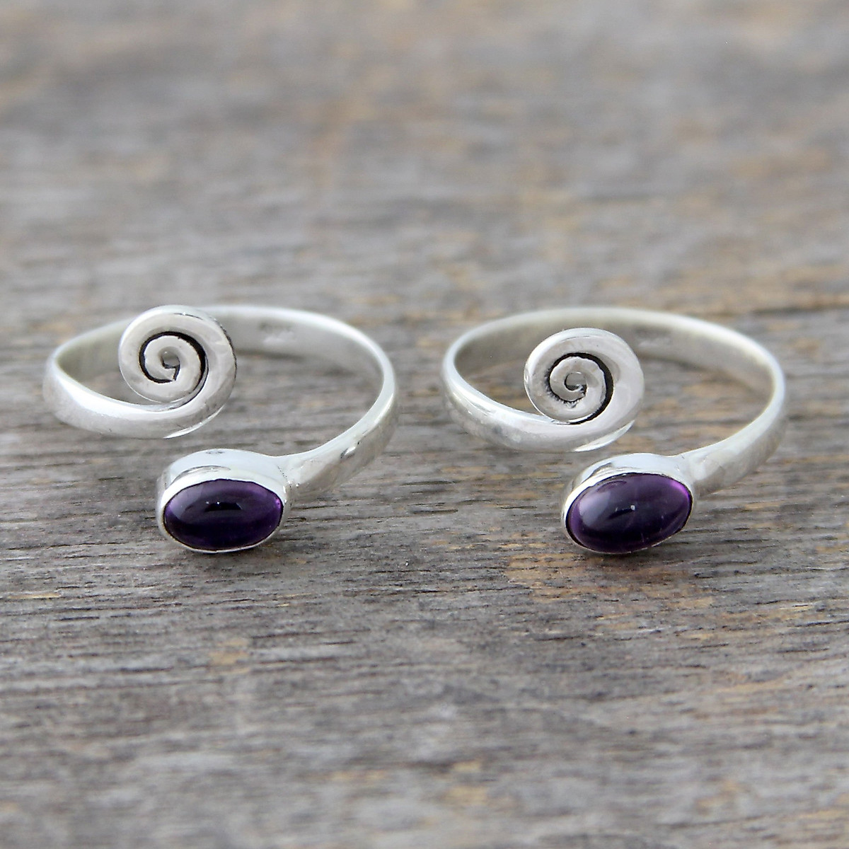 NOVICA Artisan Handmade Amethyst Toe Rings Sterling Silver from India Pair Purple Ultra Violet Birthstone [ring Front 0.4 in L x 0.4 in W x 0.2 in H Band Width 2 mm W] ' Curls' Pair