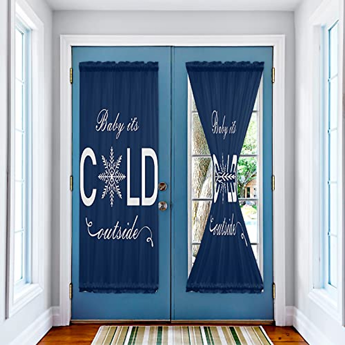 Front Door Curtains for Window, Christmas French Door Curtains Glass Door Window Curtain Back Door Curtain for Patio Front Doors Half 54W x 72L Cold Winter Snowflakes Blue Backdrop