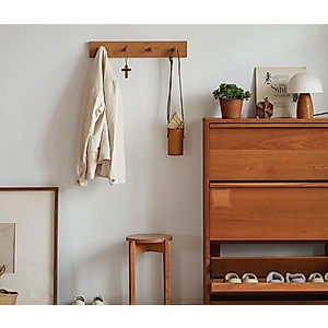 MU MO Cherry Wood Coat Hooks for Wall, Wooden Thick Coat Rack Wall Mount Long Coat Rack Board, 4 Solid Wood Hooks Wall Mount Rack for Entryway,Bedroom,Kitchen