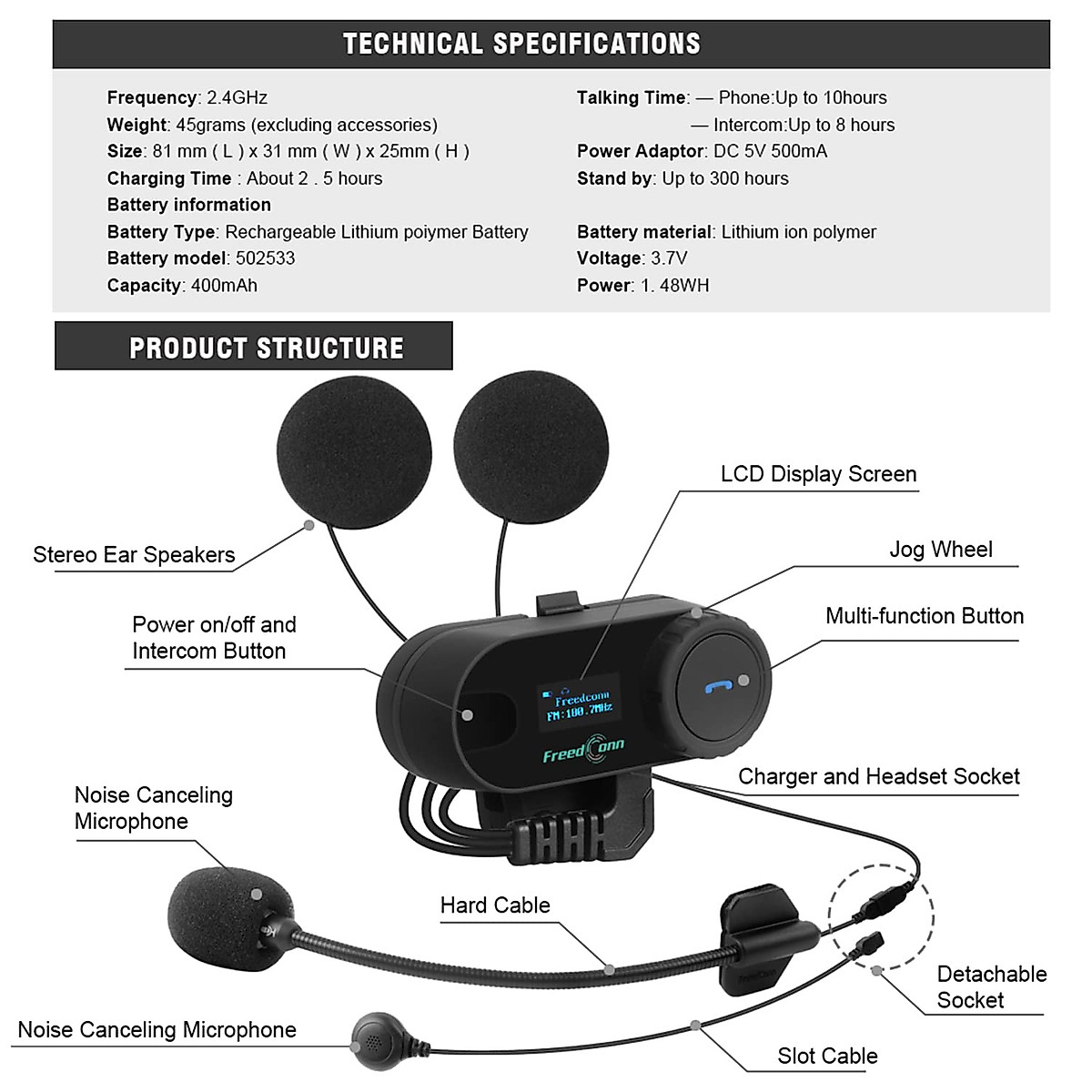 FreedConn TCOM-SC Motorcycle Helmet Bluetooth Intercom Headset Communication Systems Kit, for 2 or 3 Riders, LCD Screen/FM Radio/Mobile phone/MP3/GPS Connective/Range 800m / Handsfree (2 Set)