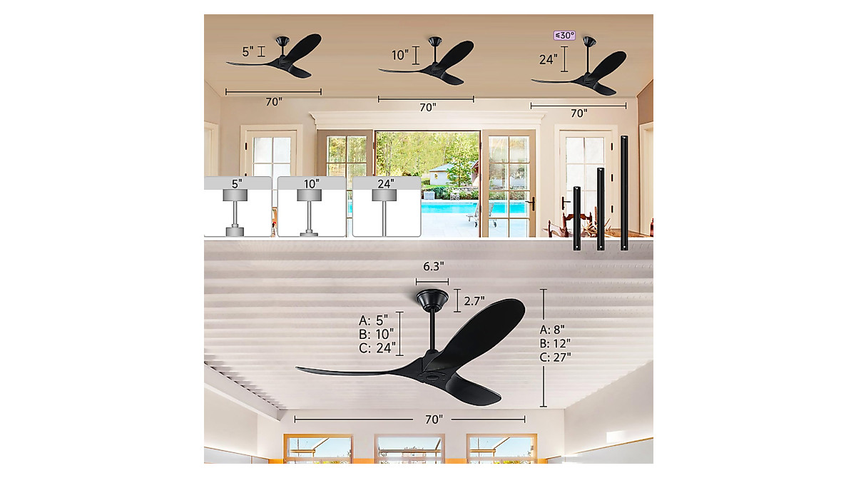 70 Inch Rustic Outdoor Ceiling Fan with Remote Control | Waterproof ...