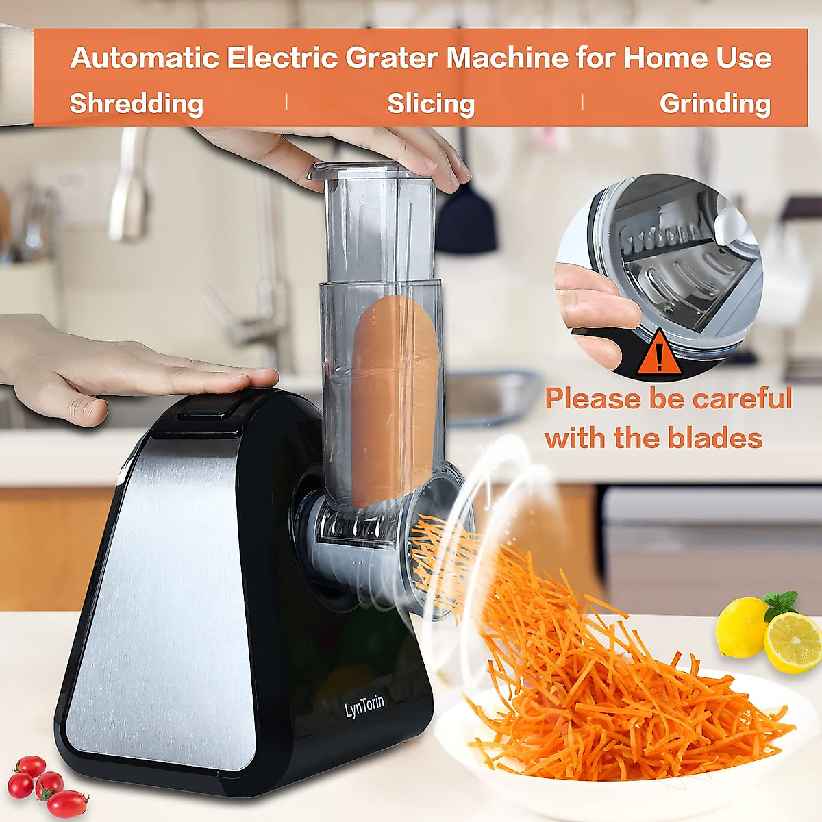 LynTorin Electric Cheese Grater, Electric Slicer/Shredder for Vegetable Fruits, One-Touch Control Electric Salad Maker Machine with 5 Attachments,Electric Vegetable Graters for Home Use