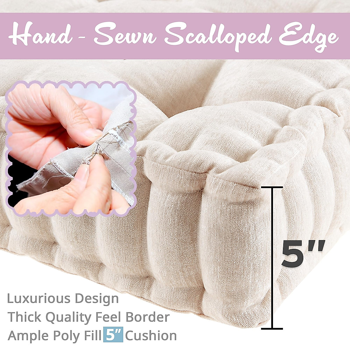 Intelligent Design Azza Floor Pillow, Large Cushions Sitting for Adults, Floor Pillow for Meditation or Yoga, Lustrous Chenille Tufted with Scalloped Edges for Bench/Chair Cushion, 20"x20"x5" Ivory